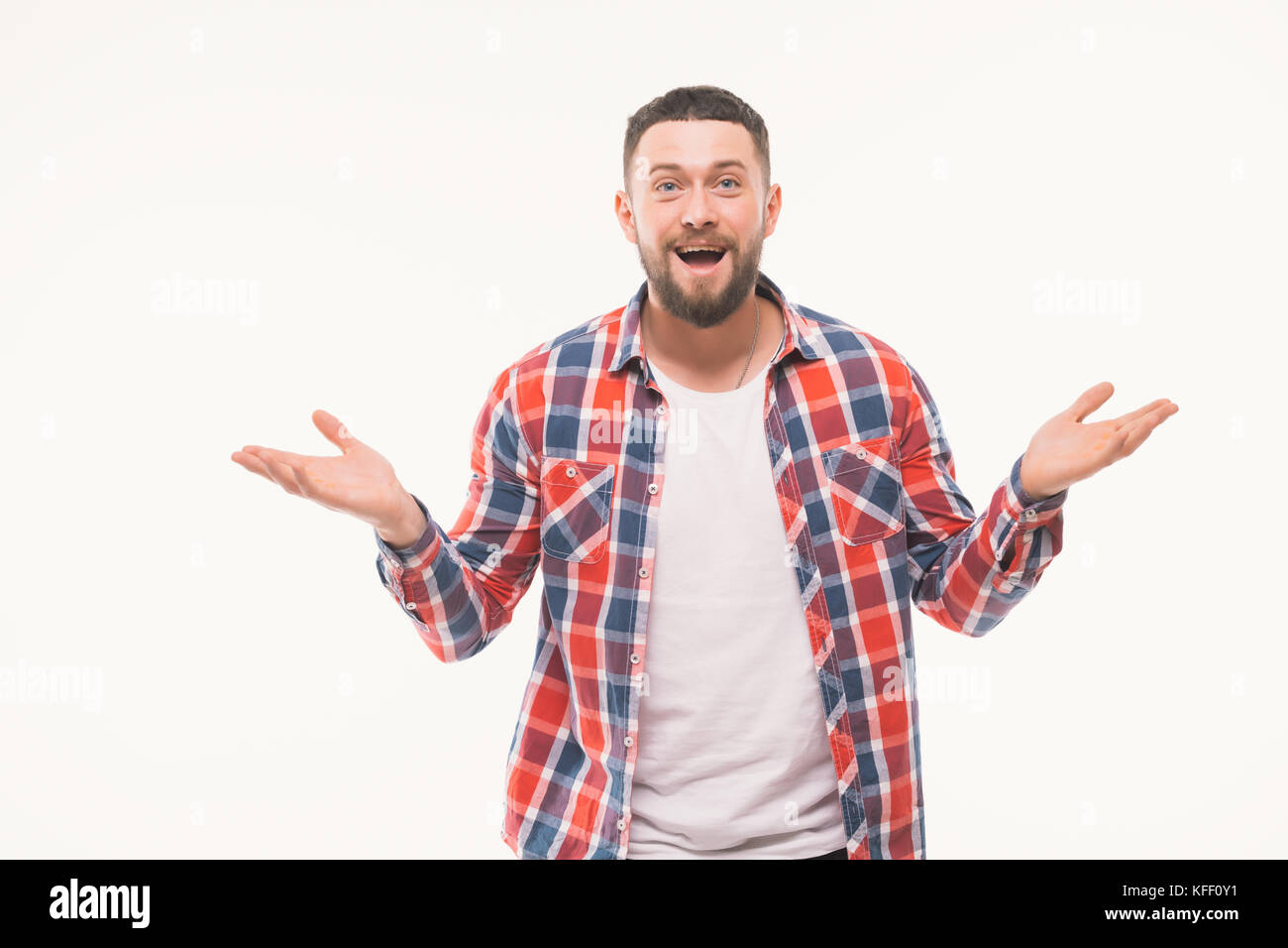 Portrait of a young man asking questions with hands raised Stock Photo ...