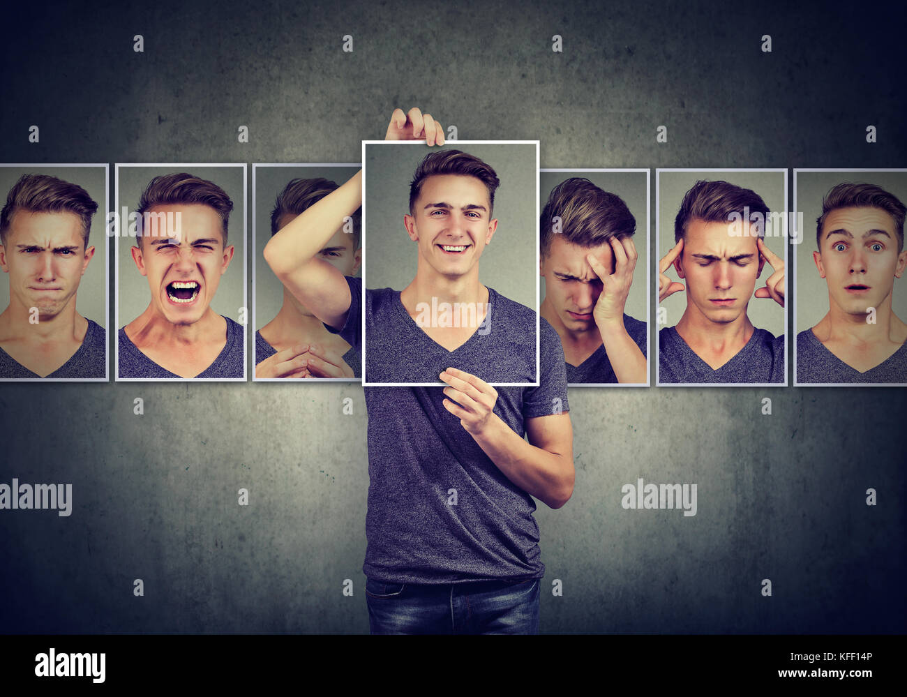 Masked young man expressing different emotions Stock Photo - Alamy