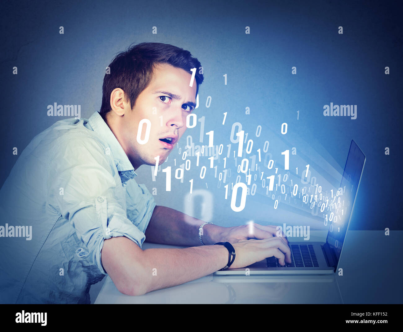 Surprised perplexed man with laptop learning computer science Stock ...