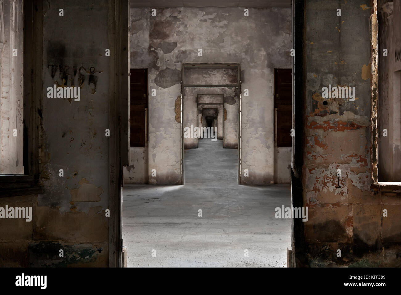 Hallway in an old and derelict decaying building Stock Photo - Alamy