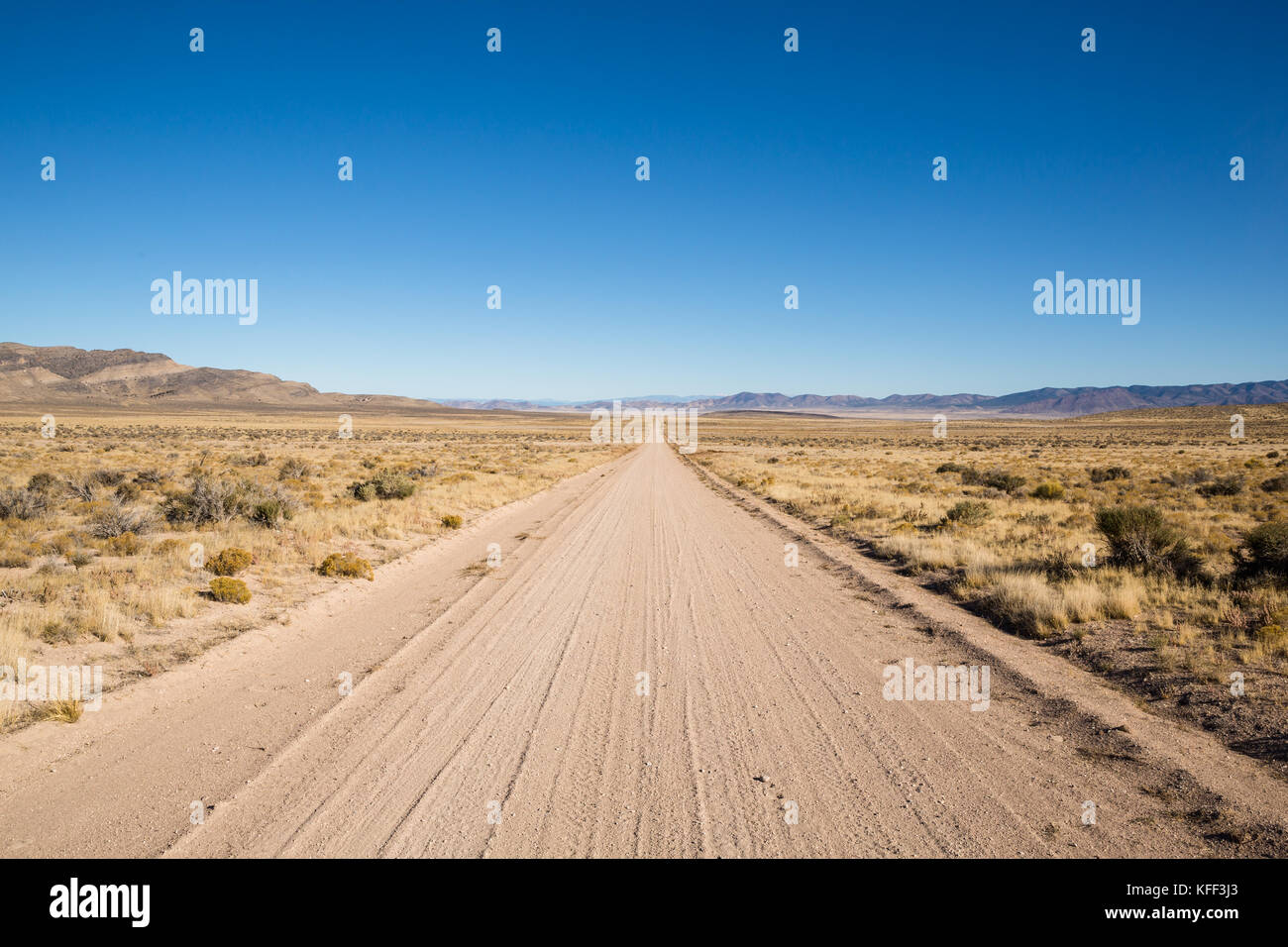 A long, straight dirt road cuts through the sage brush and empty desert ...