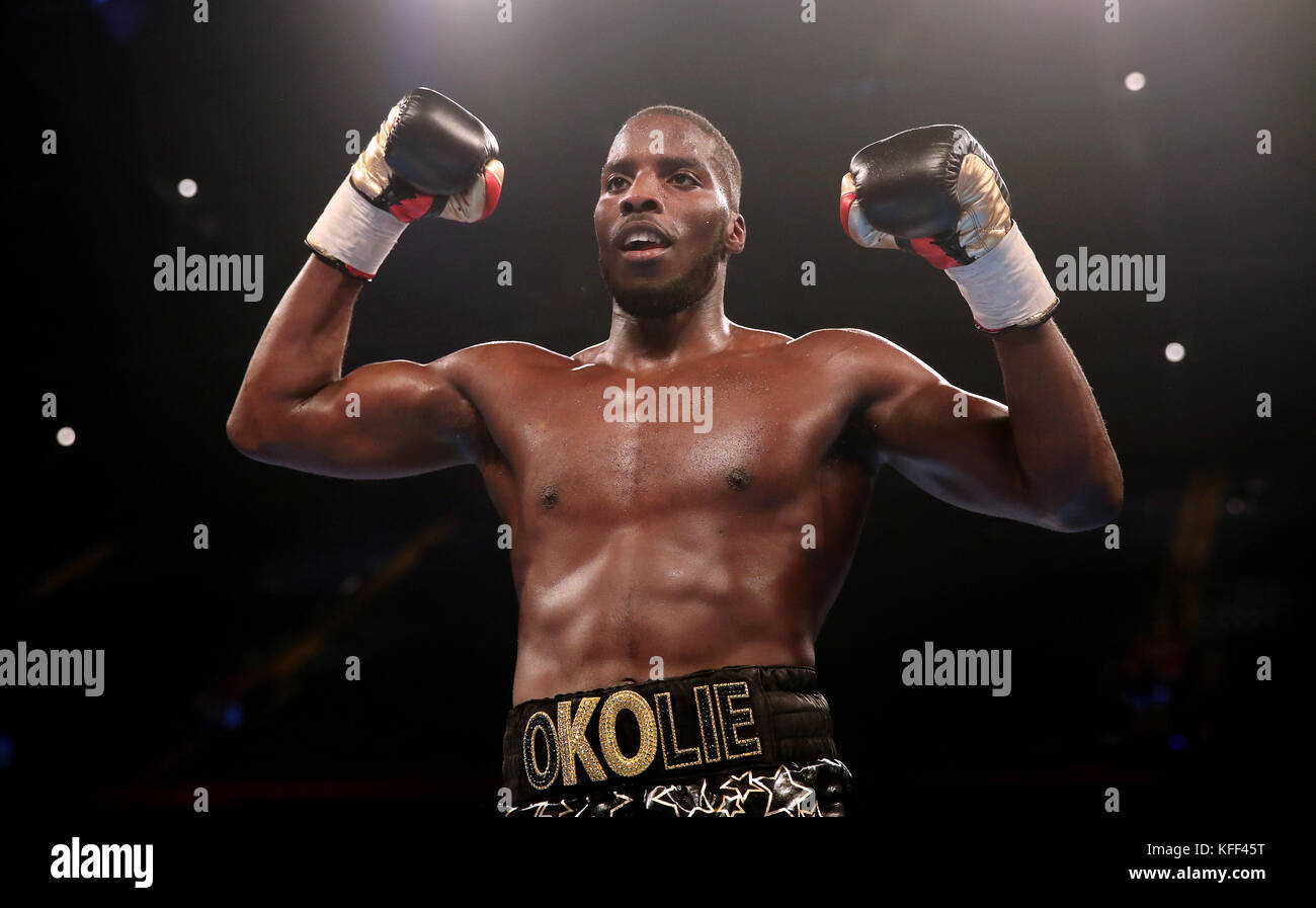 Lawrence Okolie celebrates winning his Cruiserweight bout with Adam ...