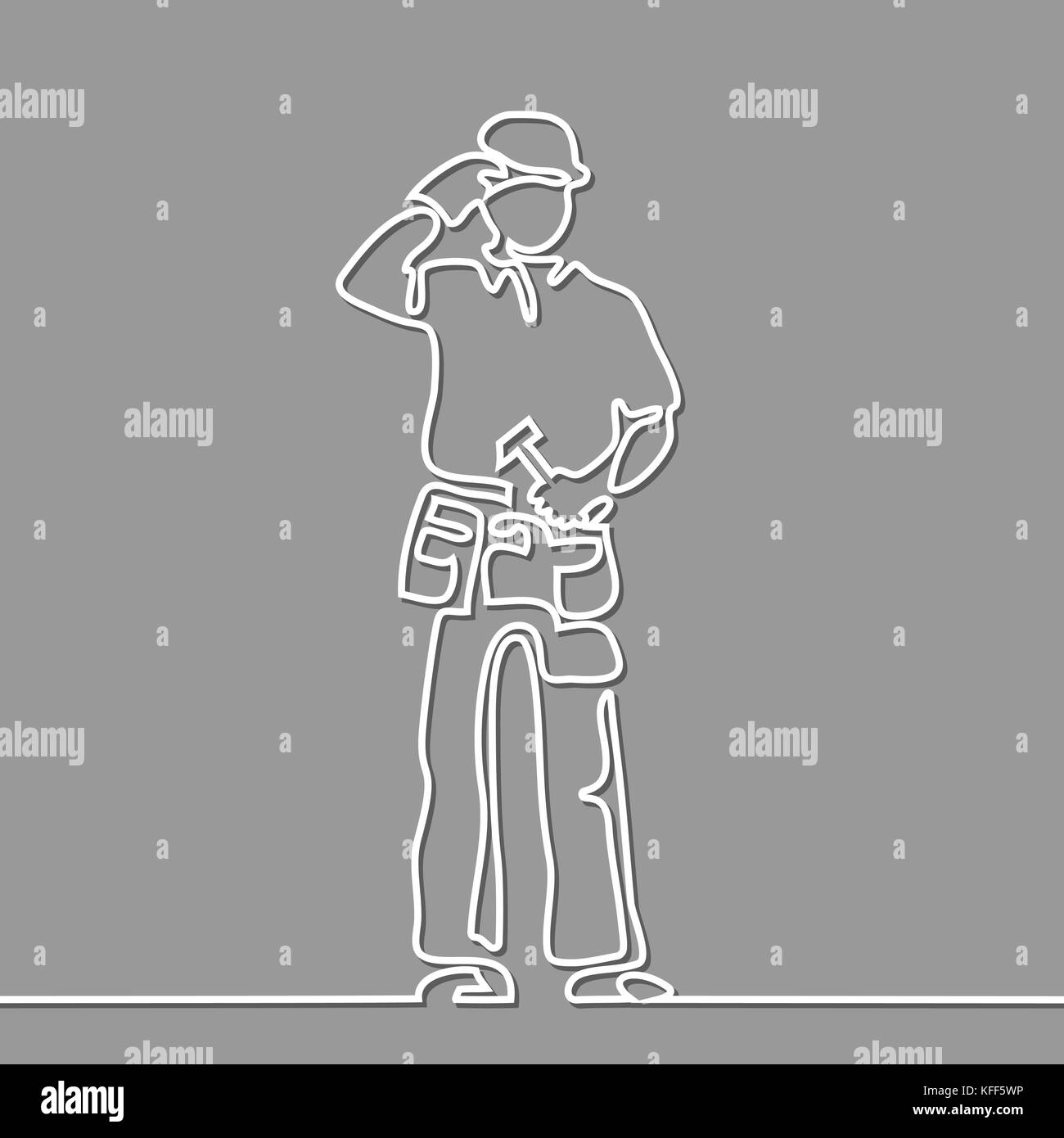 Continuous line drawing. Standing builder man holding hammer. Vector ...