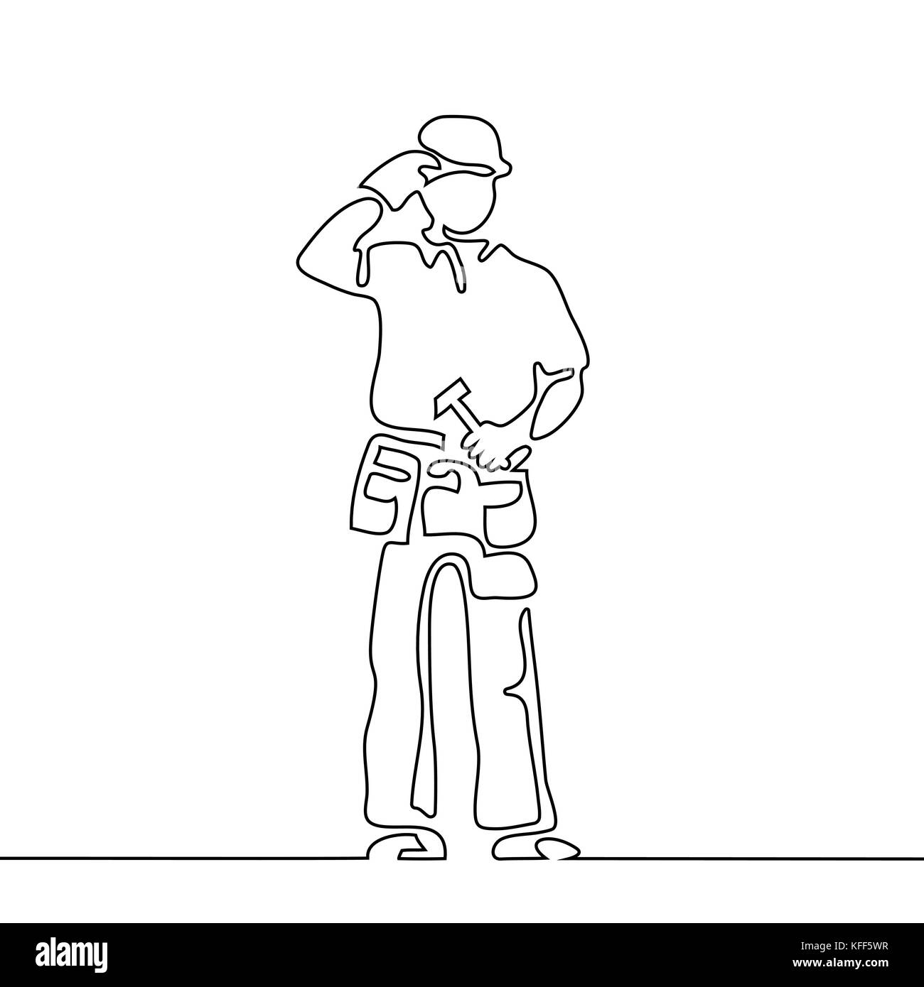 Continuous line drawing. Standing builder man holding hammer. Vector ...