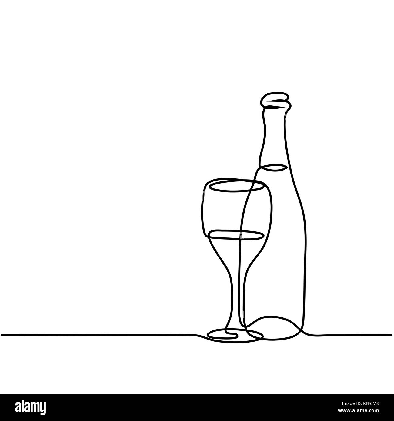 Continuous line drawing. Wine bottle and glass contour. Black outline ...