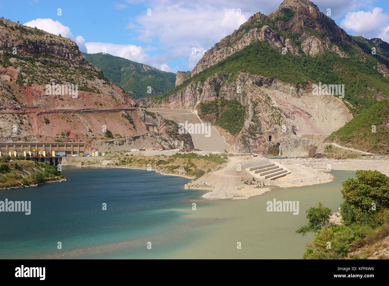 Mountain landscape in North Albania with river Koman and a huge dam, in ...
