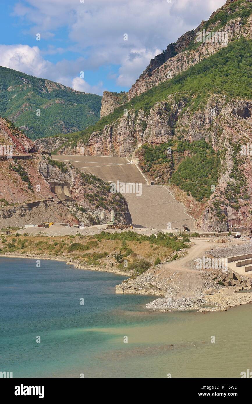 Mountain landscape in North Albania with river Koman and a huge dam, in ...