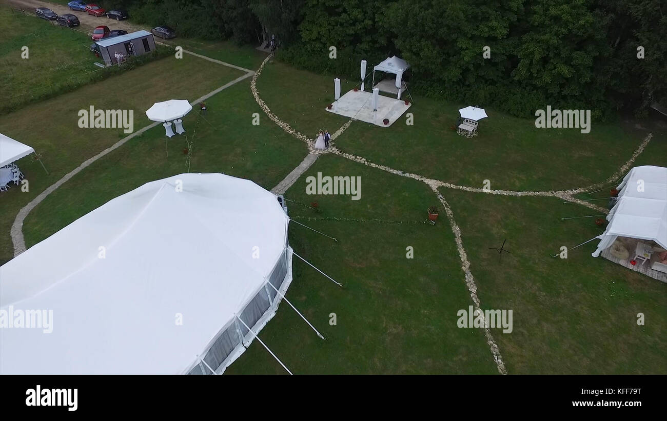 Beautiful bride and groom embrace on field background. Aerial view on ...