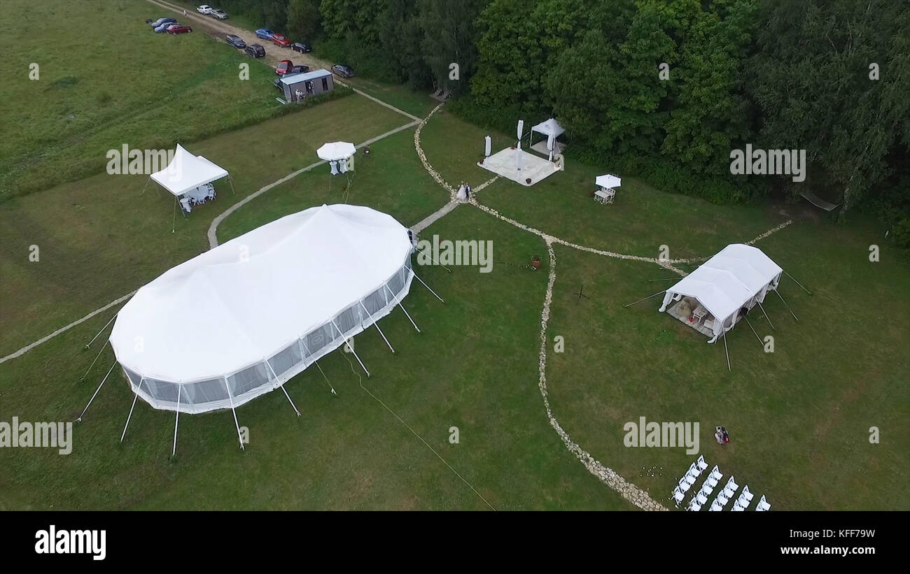 Beautiful bride and groom embrace on field background. Aerial view on ...