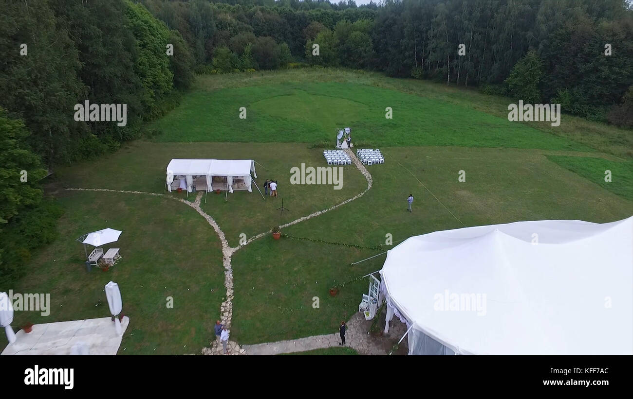 Beautiful bride and groom embrace on field background. Aerial view on ...
