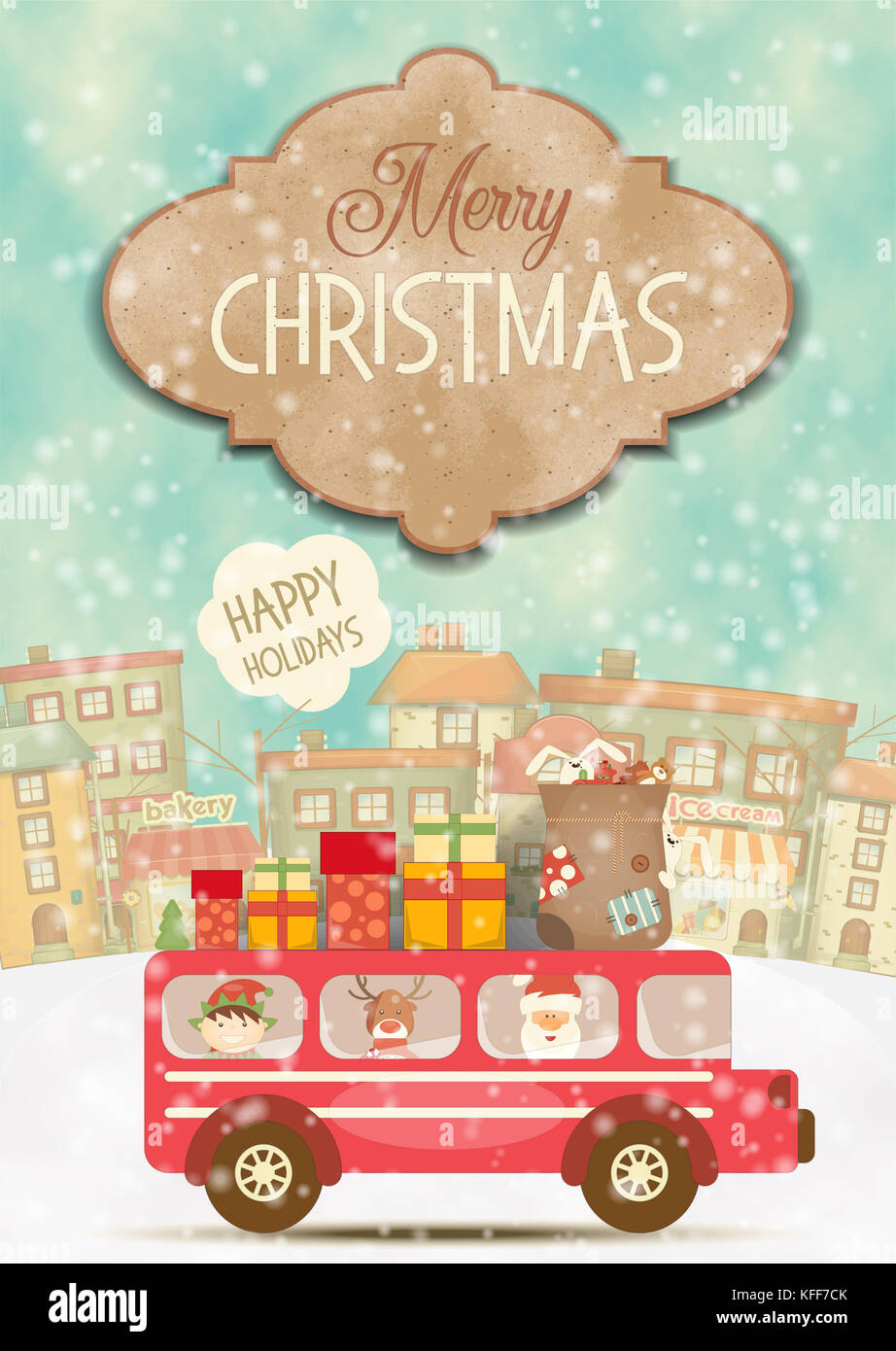 Merry Christmas Greeting Card - Xmas Bus with Cute Holidays Characters ...