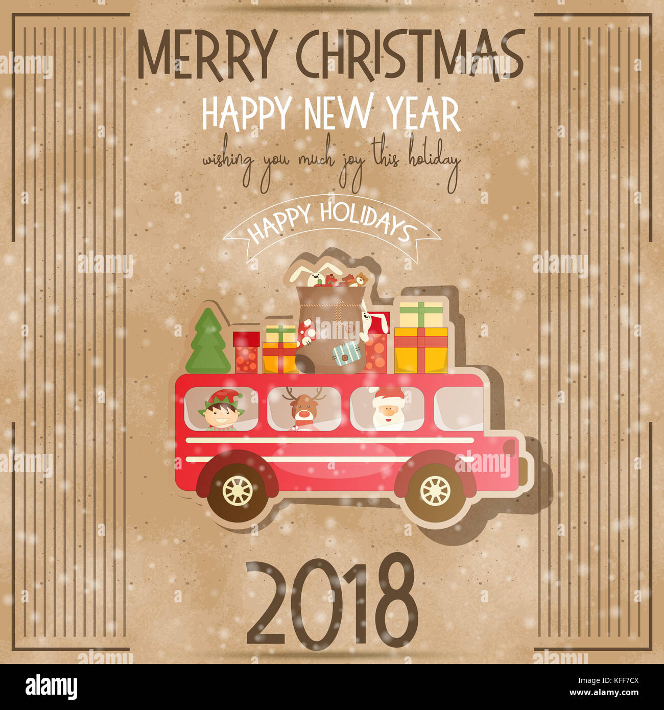 Merry Christmas Greeting Card - Xmas Bus with Cute Holidays Characters ...