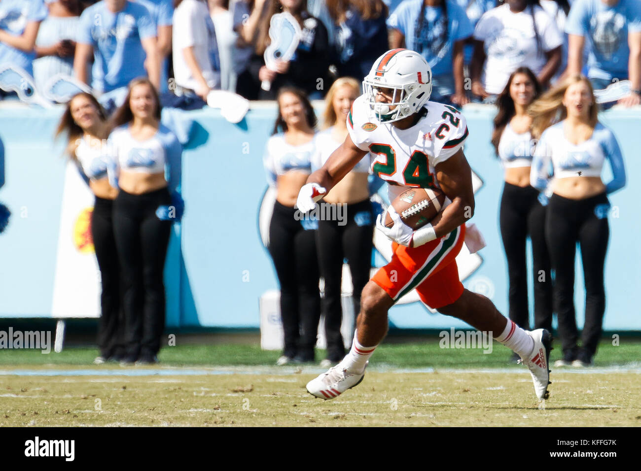 Chapel Hill, NC, USA. 28th Oct, 2017. Travis Homer (24) of the Miami ...