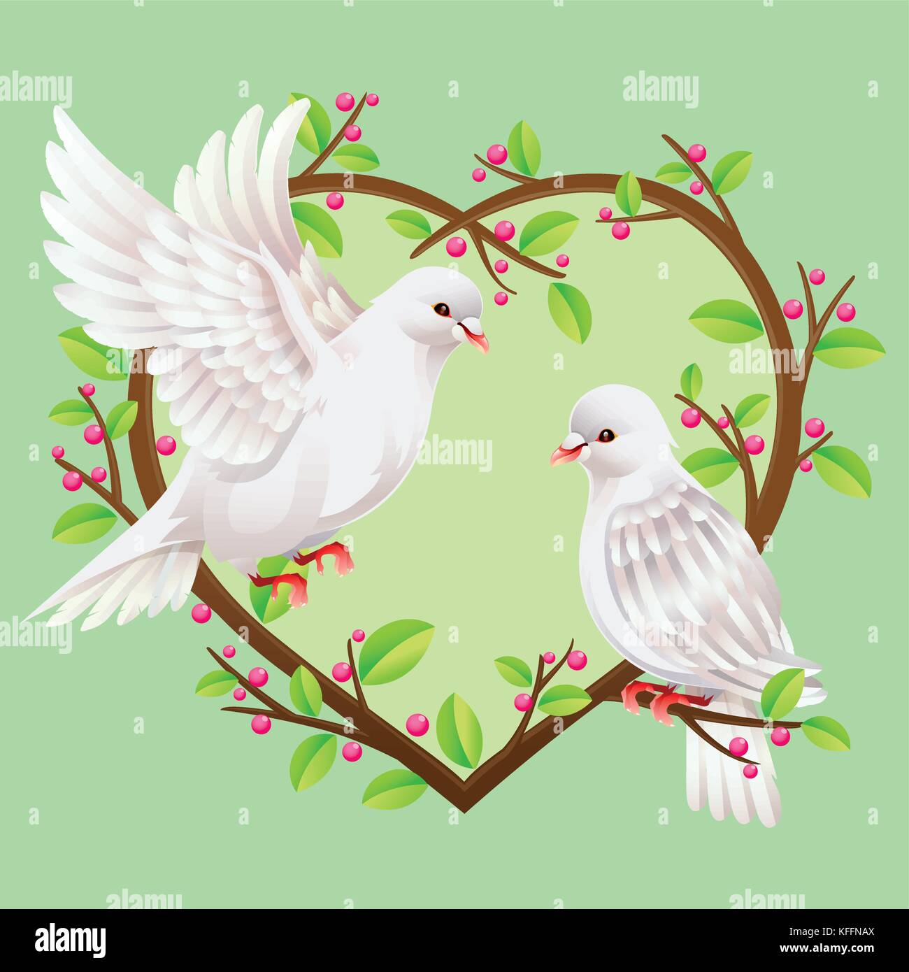 Two Doves on a heart shape tree. Vector illustration Stock Vector Image ...