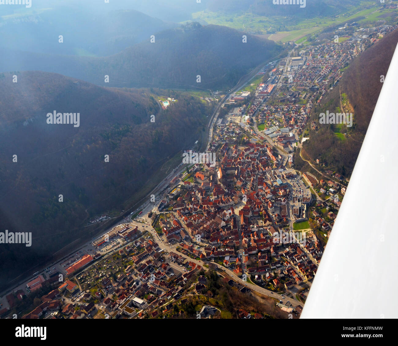 Aerial view of the historic center of Bad Urach, a city in south ...
