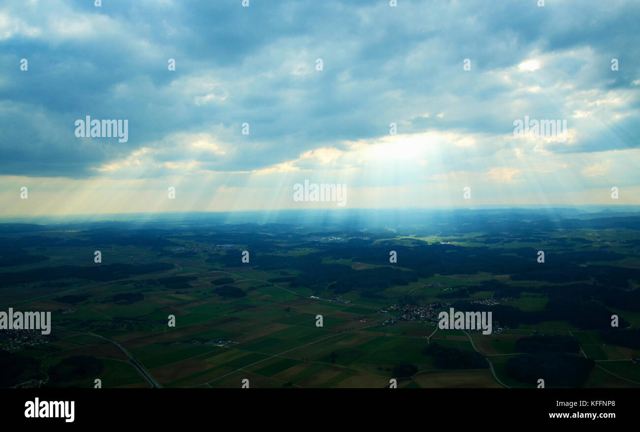 Aerial view of South Germany with beautiful rays of light on the ...