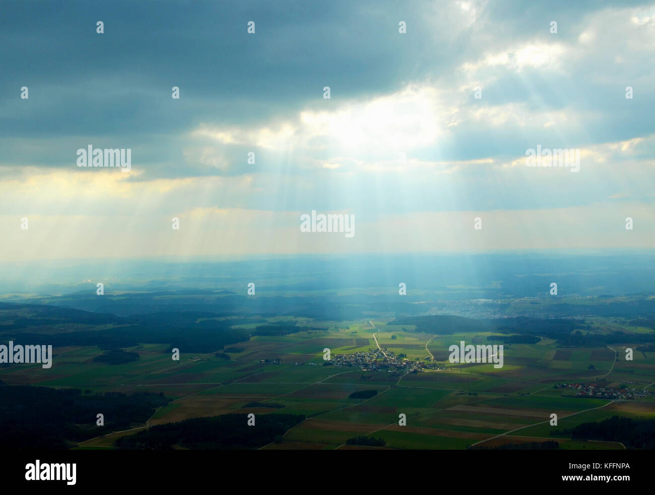 Aerial view of South Germany with beautiful rays of light on the ...