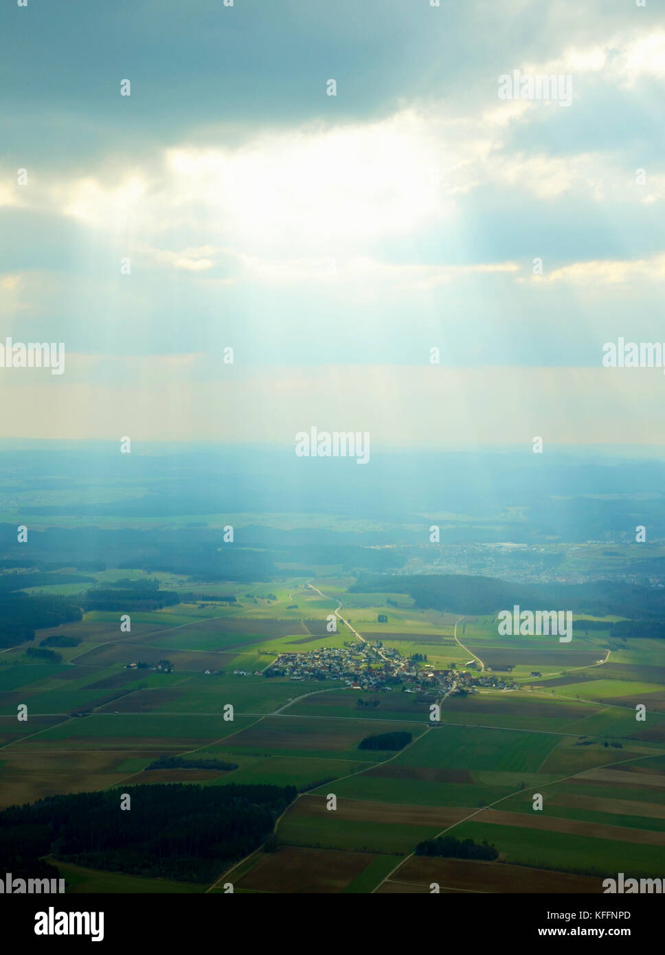 Aerial view of South Germany with beautiful rays of light on the ...
