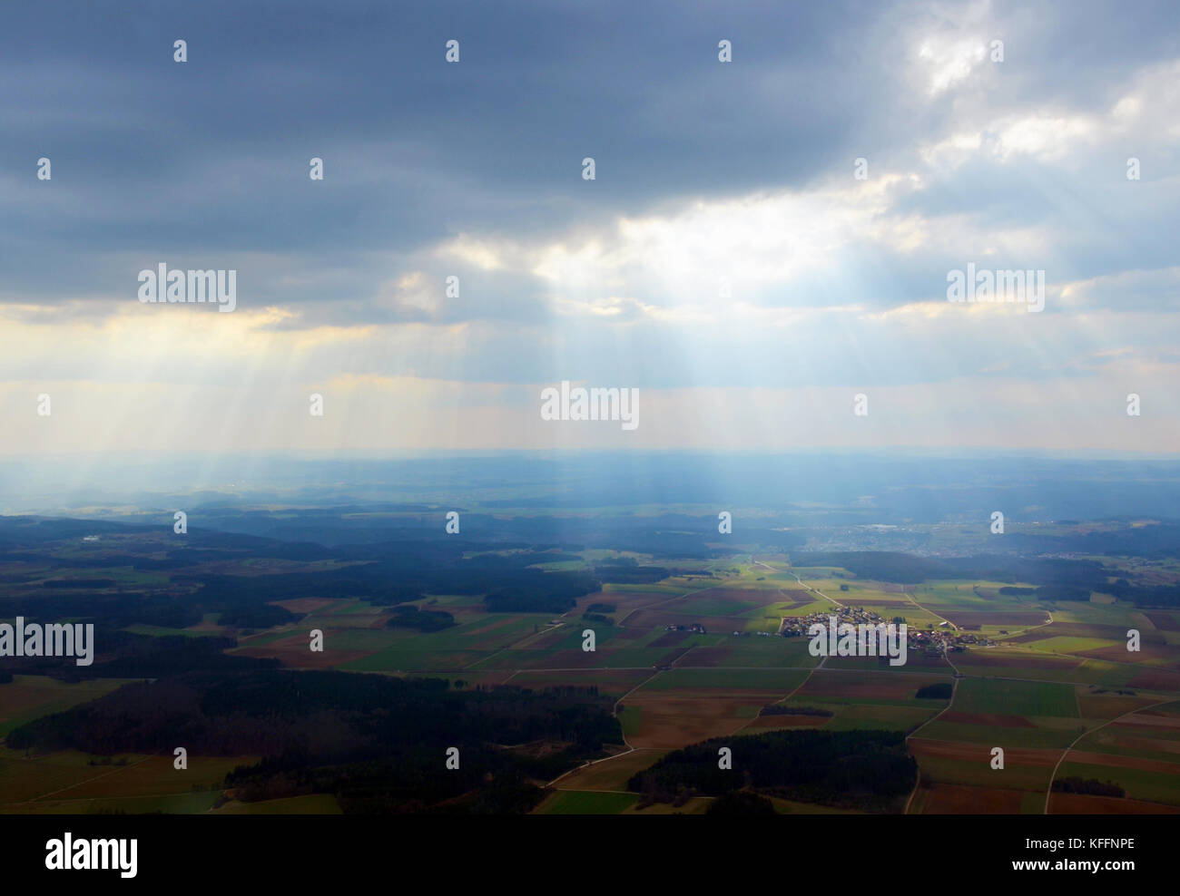 Aerial view of South Germany with beautiful rays of light on the ...