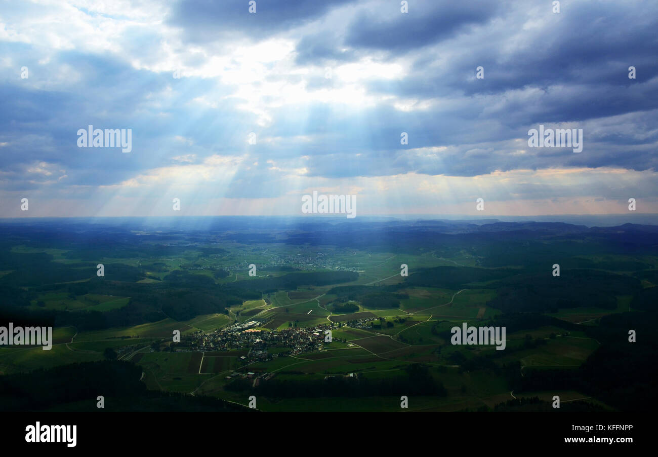 Aerial view of South Germany with beautiful rays of light on the ...