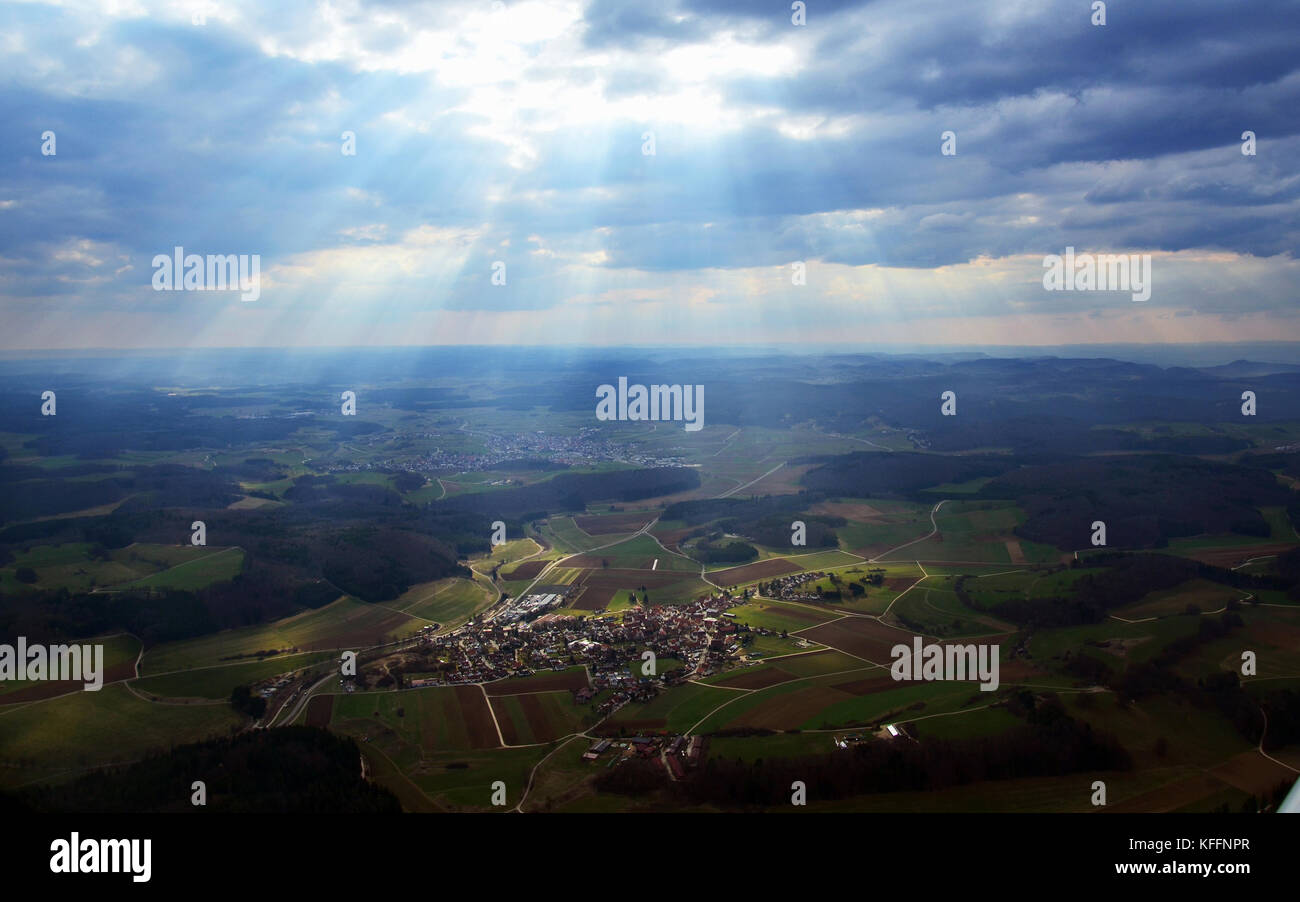 Aerial view of South Germany with beautiful rays of light on the ...