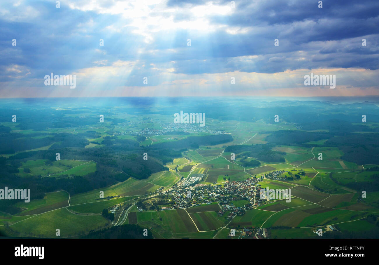 Aerial view of South Germany with beautiful rays of light on the ...