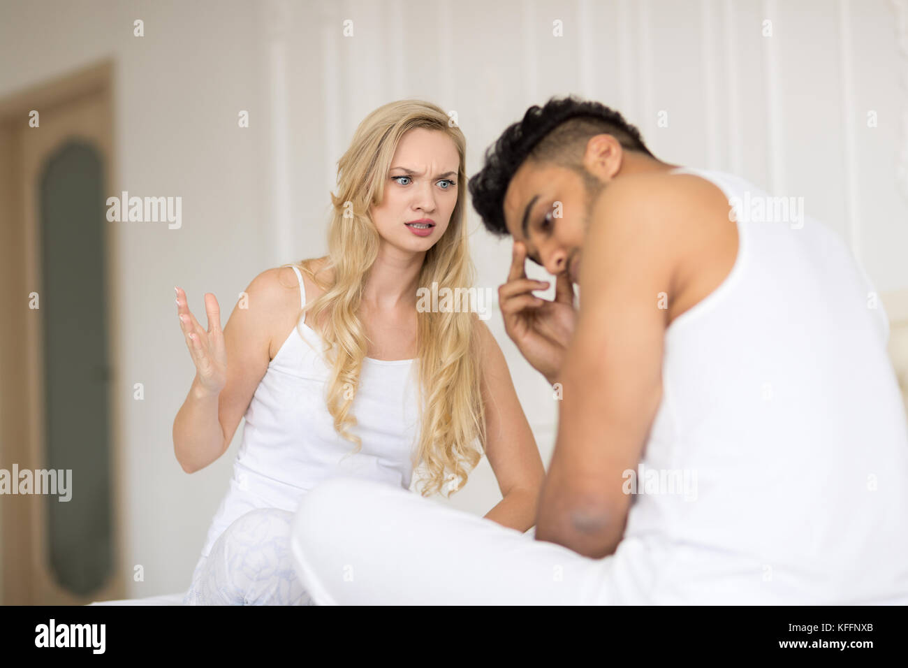 Young Couple Lying In Bed, Having Conflict Relationships Problem, Sad ...
