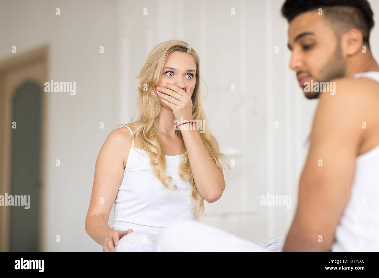 Young Couple Lying In Bed, Having Conflict Relationships Problem, Sad ...