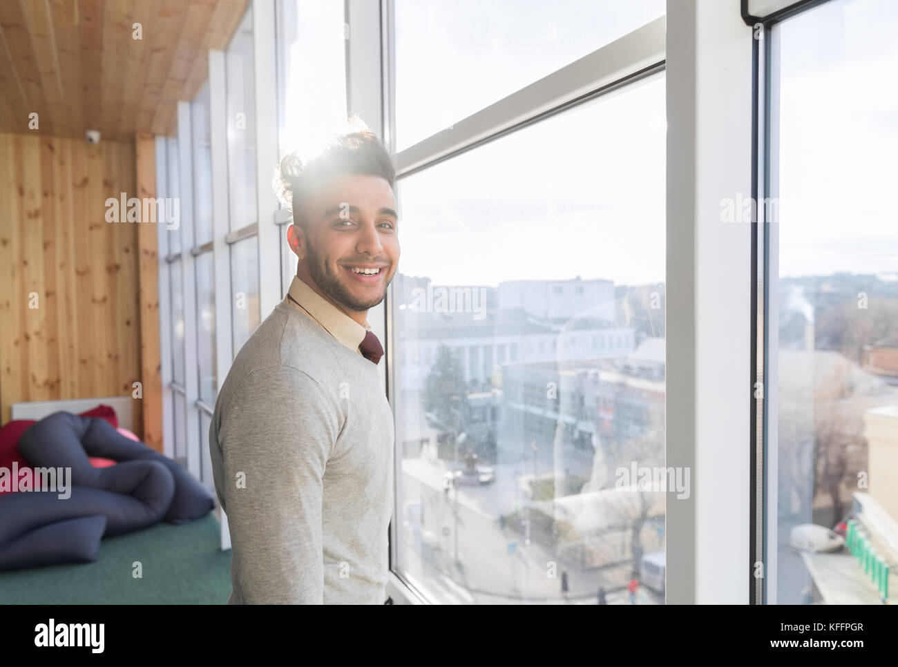 Hispanic Business Man Stand In Front Panoramic Window Happy Smiling ...