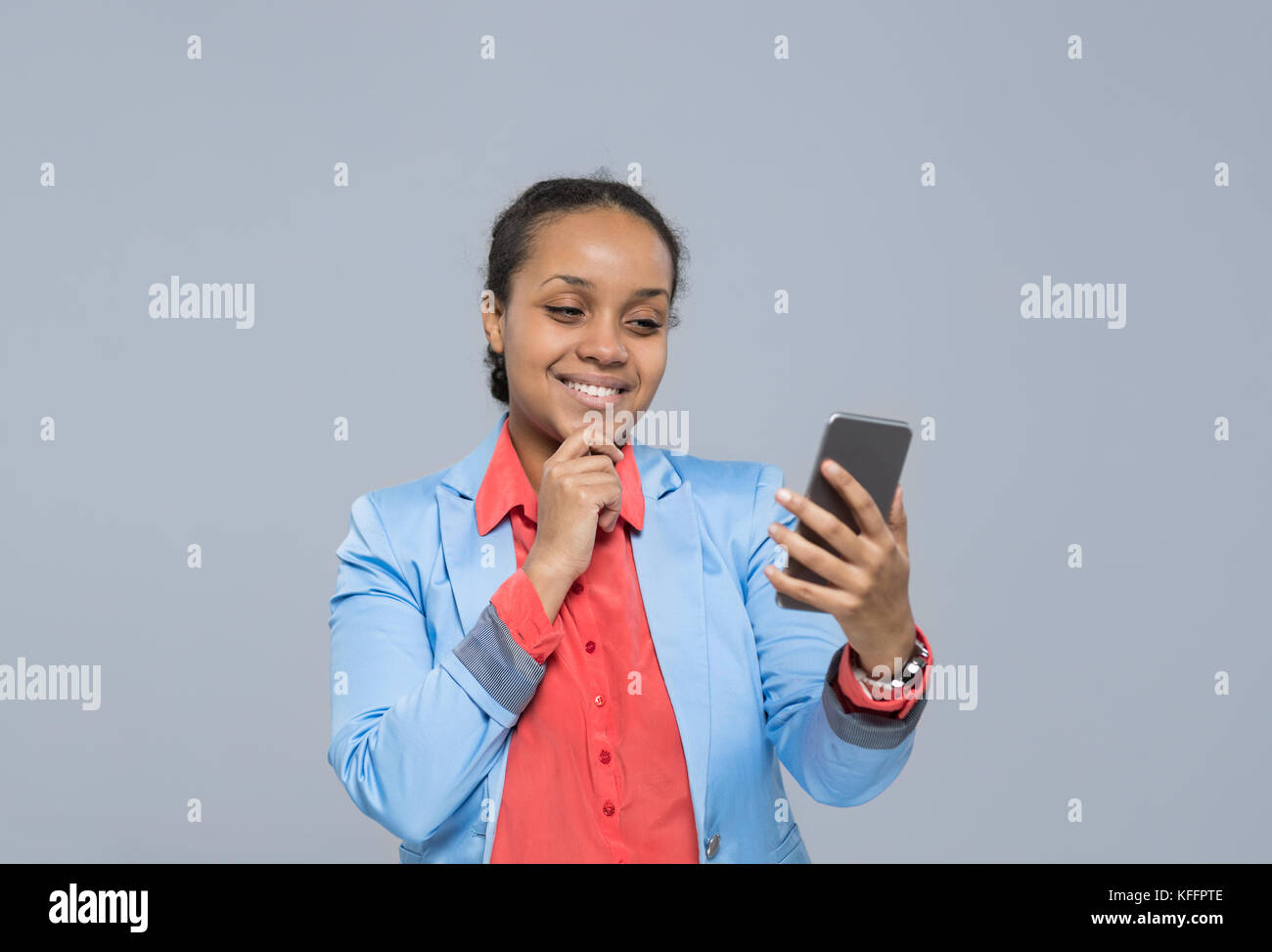 Young Business Woman Using Cell Smart Phone African American Girl Happy ...