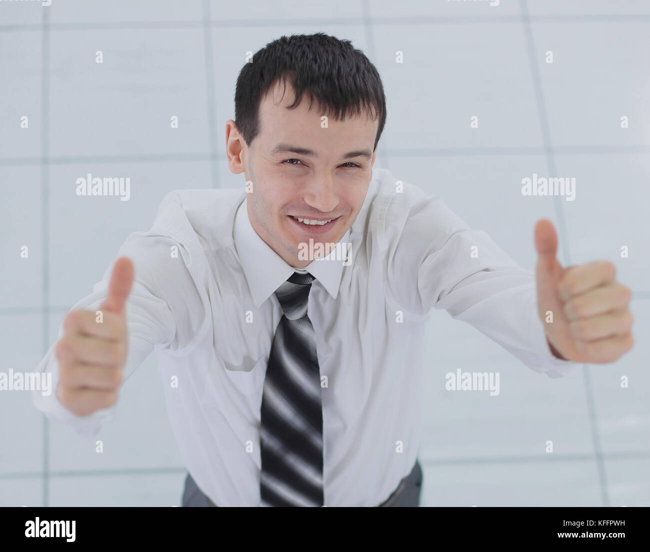 Happy middle aged man standing on isolated white background and shoving ...