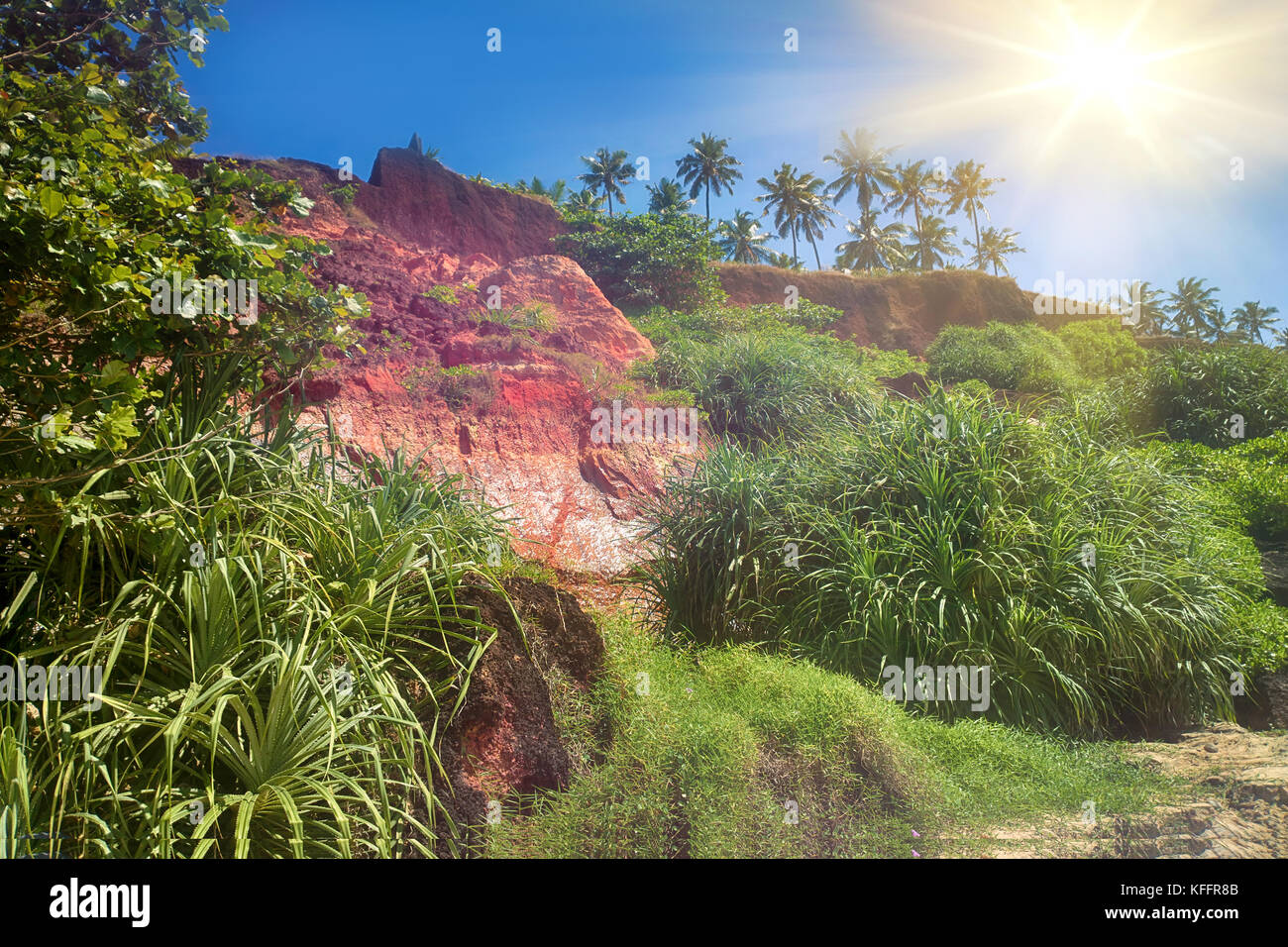 Cliff coast to sea. An example of intensely blue sky above clay cliff ...