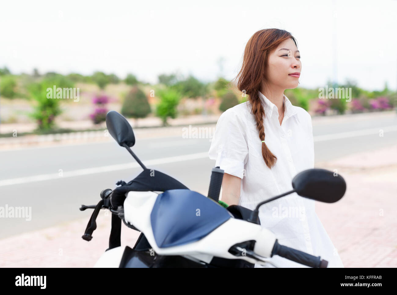 Beautiful Woman Motorcycle Young Asian Girl On Road With Motor Bike ...