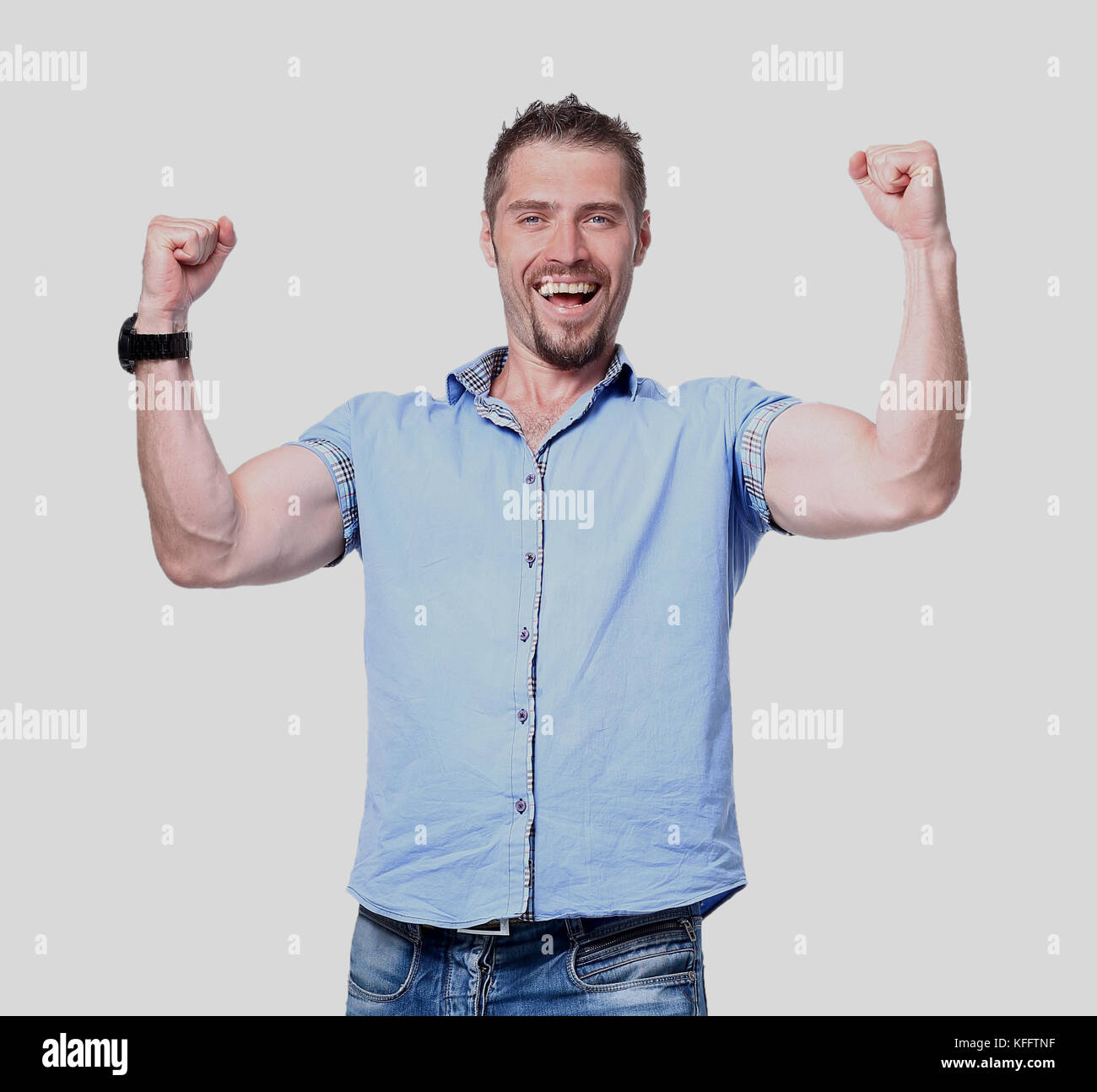 Happy energetic man on the white background Stock Photo - Alamy