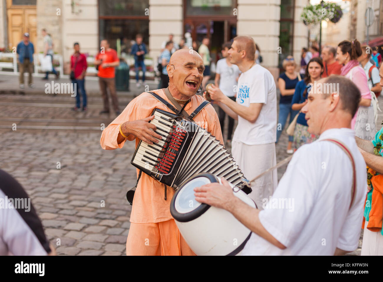 LVIV, UKRAINE - June 18: Hare Krishnas dance in Rynok (Market) Square ...