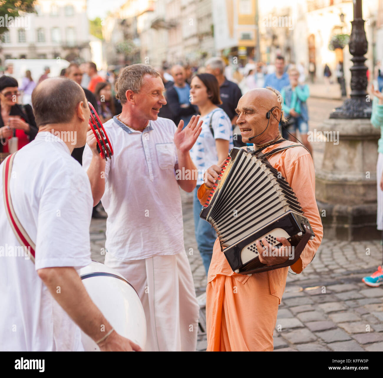 LVIV, UKRAINE - June 18: Hare Krishnas dance in Rynok (Market) Square ...