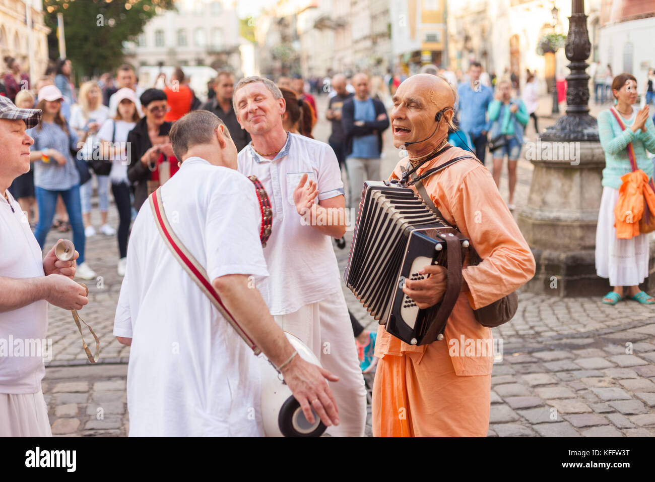 LVIV, UKRAINE - June 18: Hare Krishnas dance in Rynok (Market) Square ...