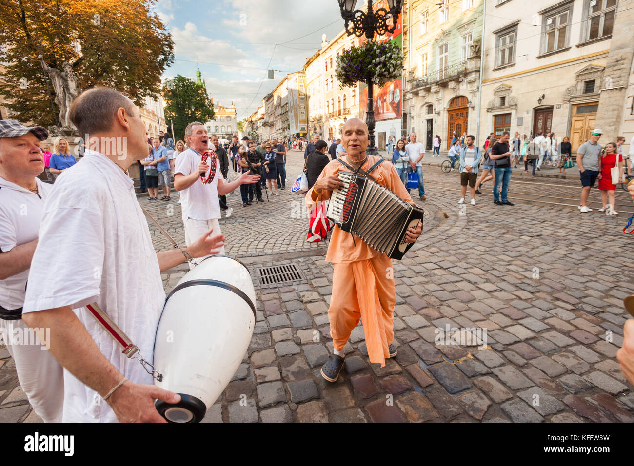LVIV, UKRAINE - June 18: Hare Krishnas dance in Rynok (Market) Square ...