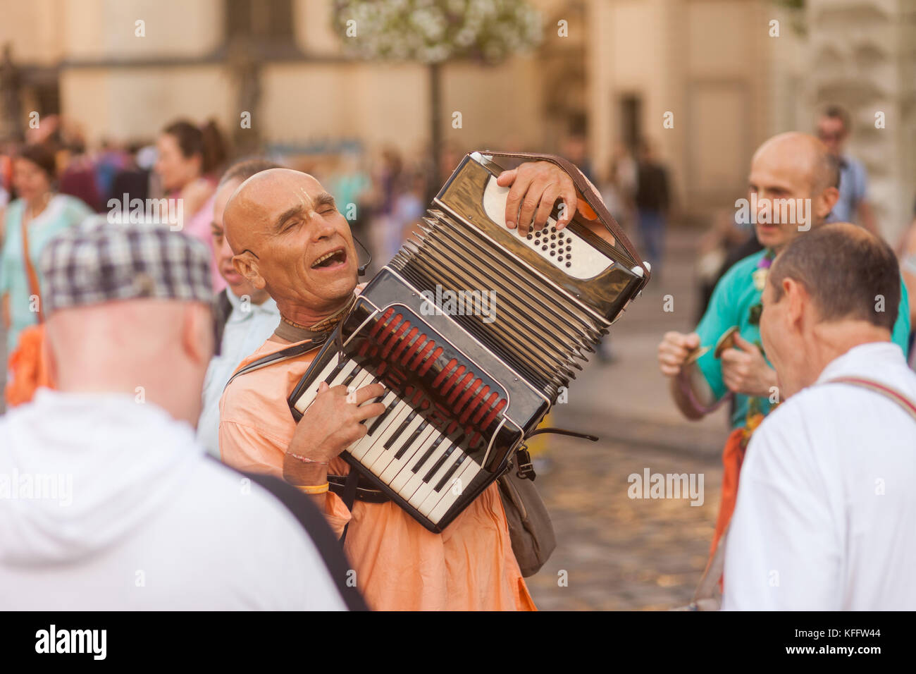 LVIV, UKRAINE - June 18: Hare Krishnas dance in Rynok (Market) Square ...