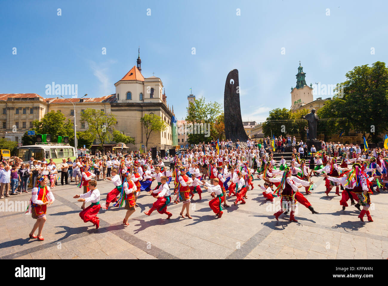 A large group of Ukranian 'Hopak' folk dancers performs at the ...