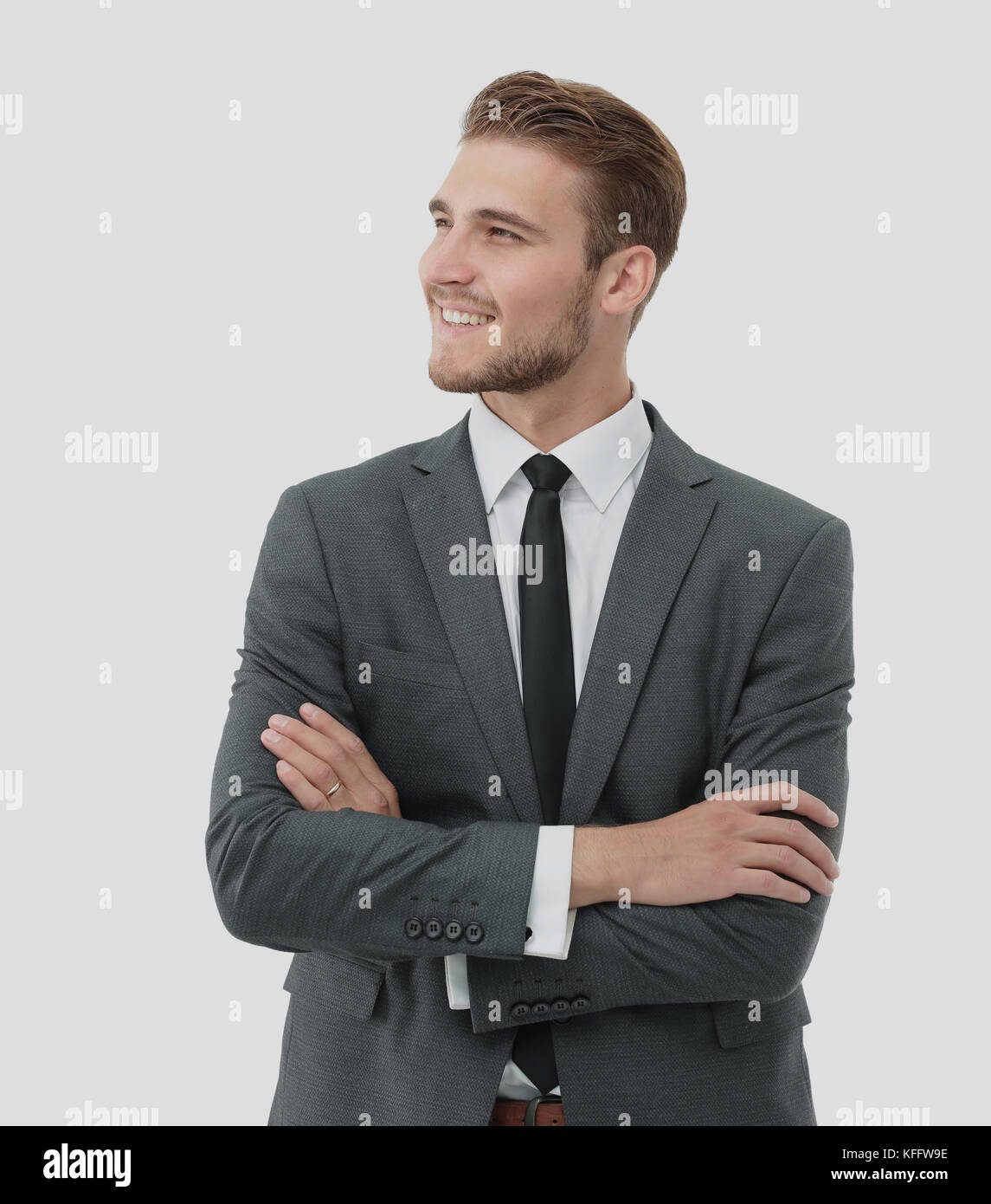 Attractive business man with arms folded on white background Stock ...