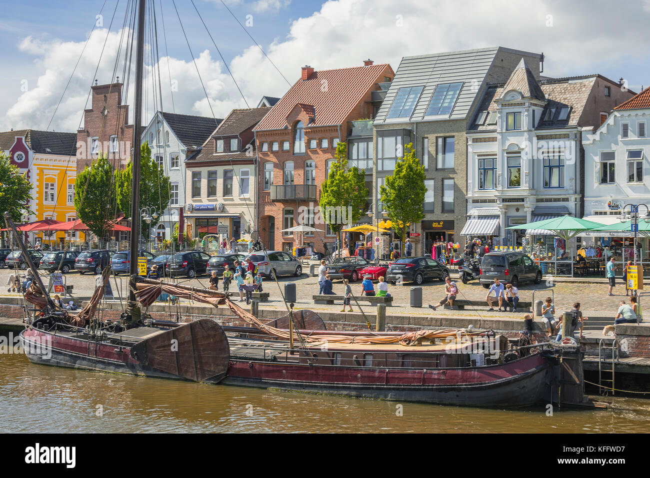 old sailing ship at the pier, inner harbour of the coastal town Husum ...