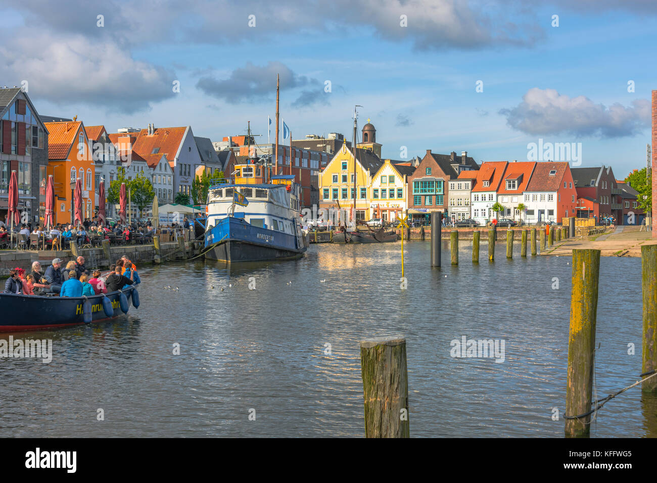 panorama view of inner harbour of Husum in sunset light, the coastal ...