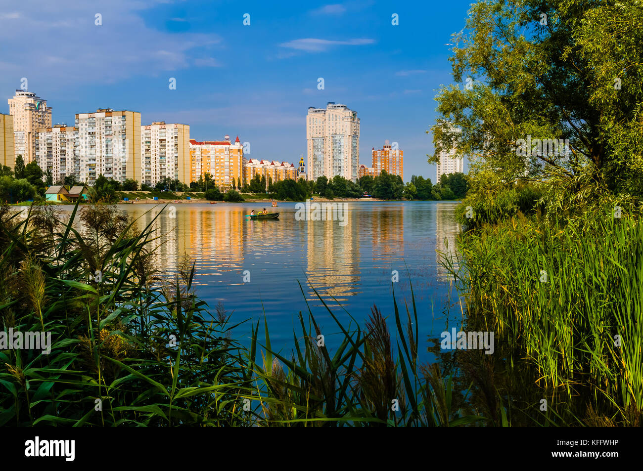 Modern buildings around the Verbne lake in the obolon district of Kiev ...
