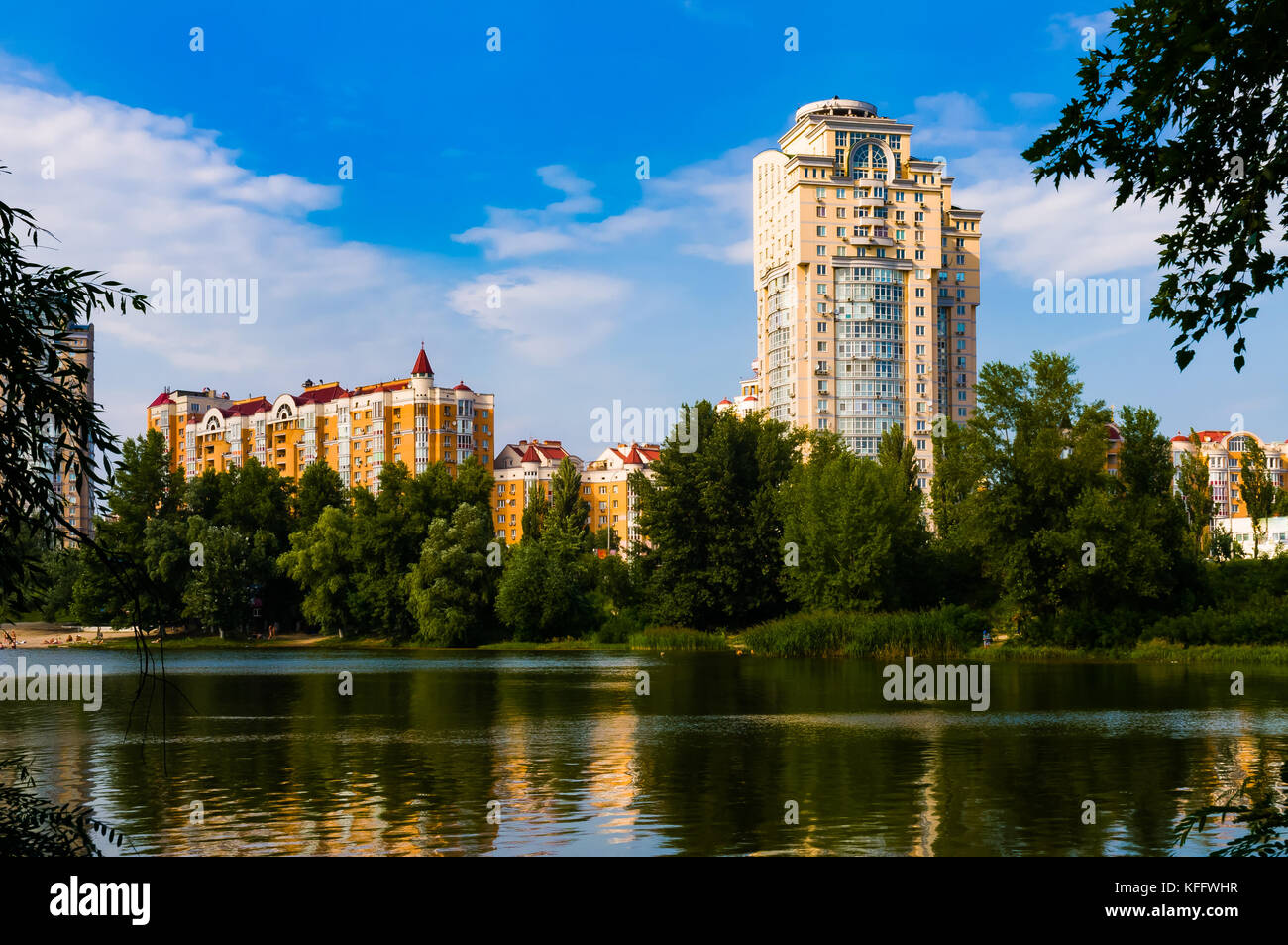 Modern buildings around the Verbne lake in the obolon district of Kiev ...