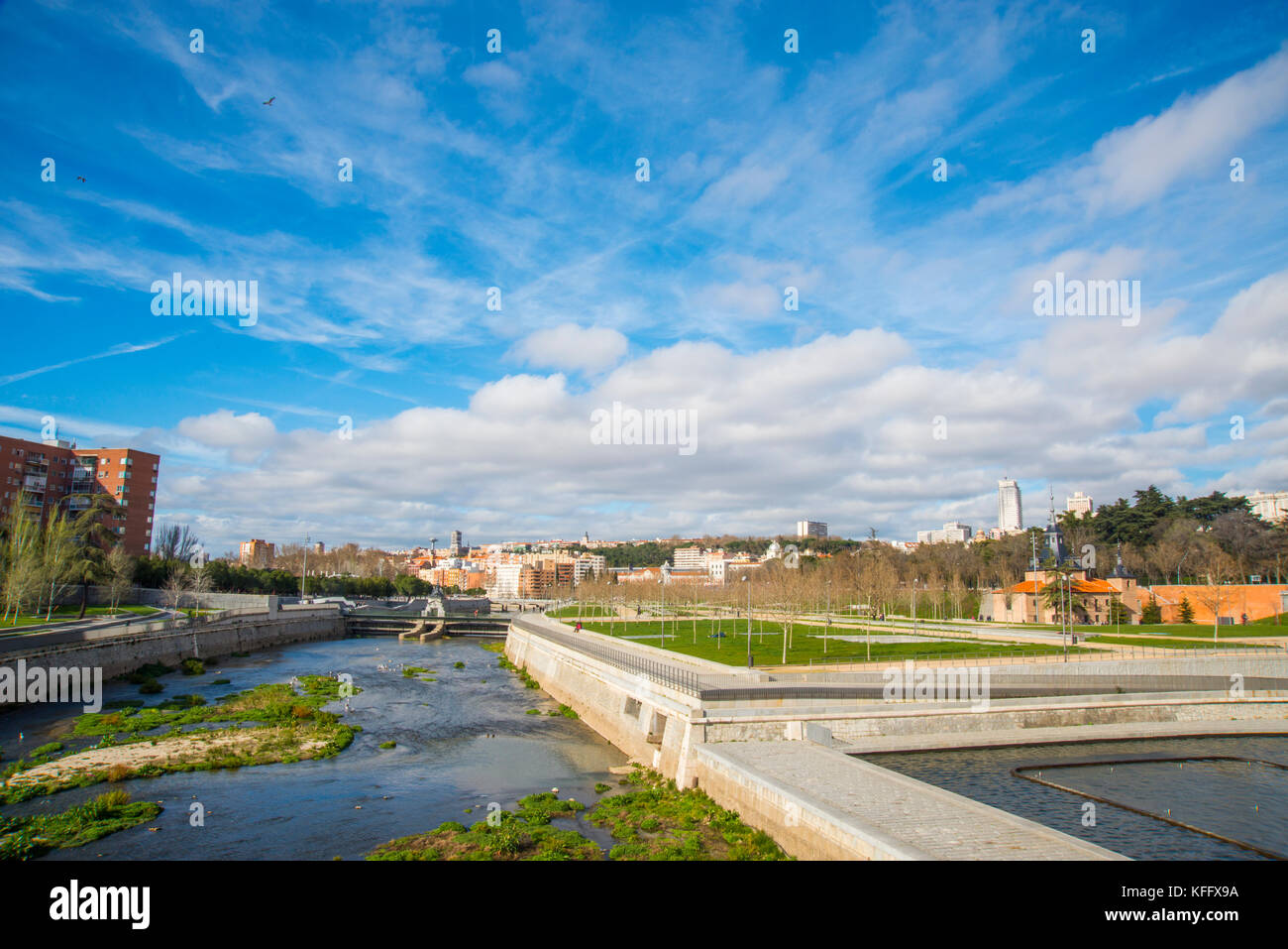 River Manzanares and overview of the city. Madrid, Spain Stock Photo ...