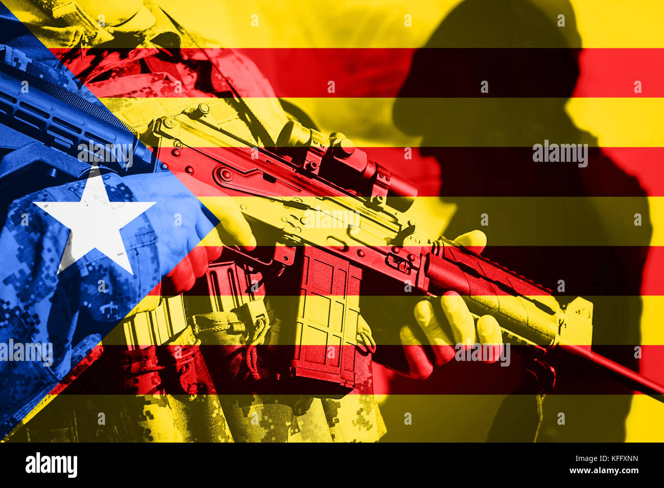 Soldier with machine gun with national flag of Catalonia Catalonia ...