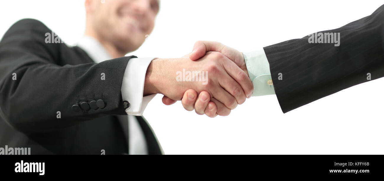Businessman by handshake invites to cooperation Stock Photo - Alamy