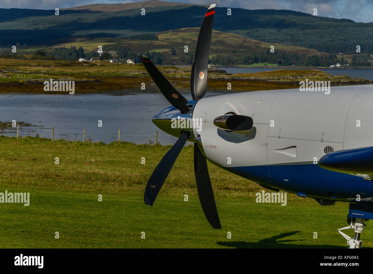 Close up static nose detail of a Pilatus PC12 aircraft, with feathered ...