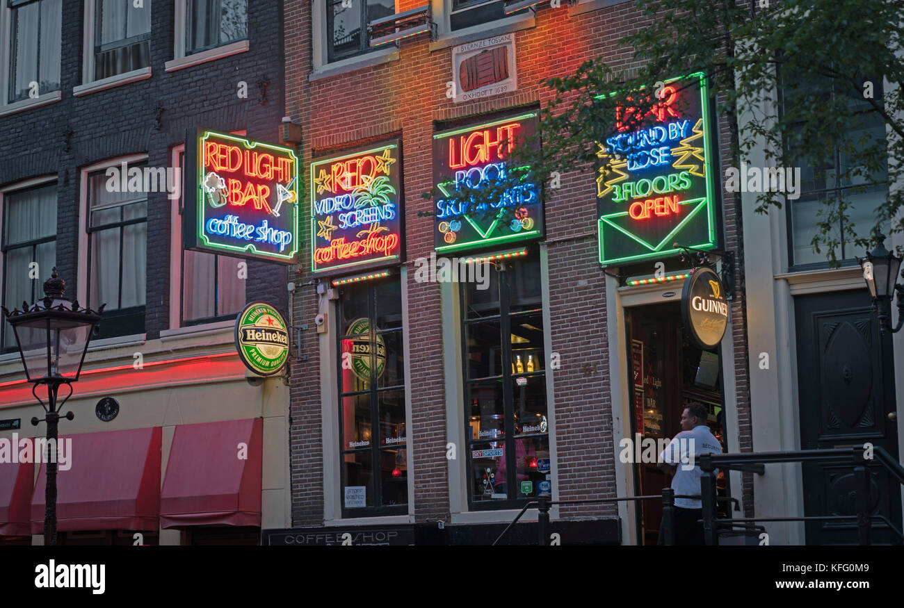 AMSTERDAM, HOLLAND - AUGUST 17, 2017; Colorful neon signs promoting Red ...
